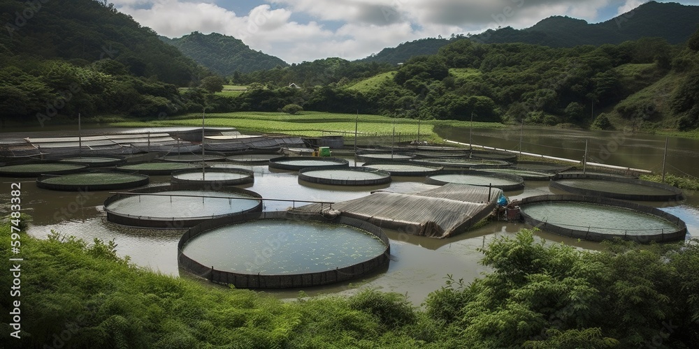 Aquaculture farm with a series of fish-filled ponds, illustrating ...