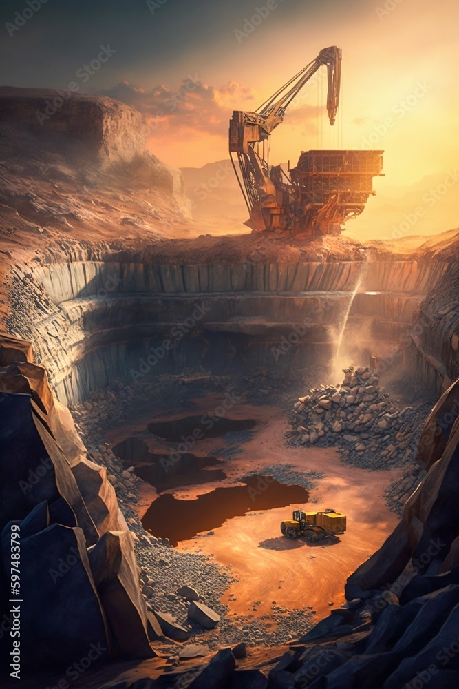 Open Pit Mining Operation at Sunset with an Excavator Mining a Wall ...