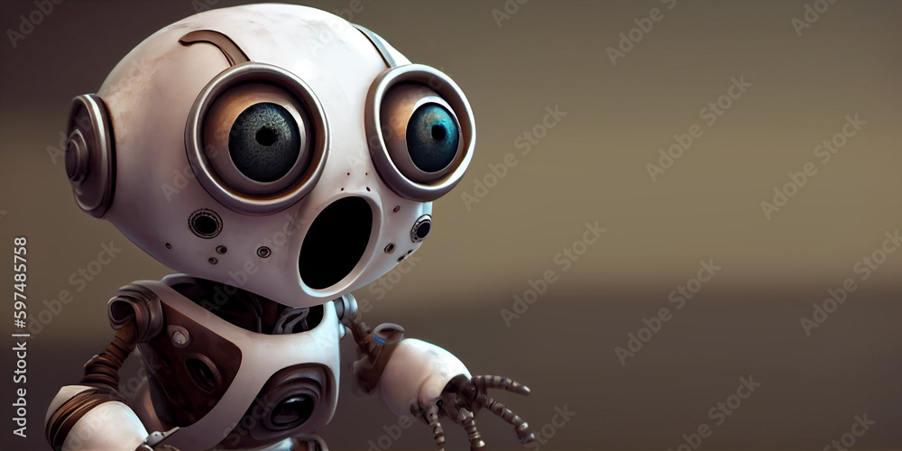 Portrait of a surprised robot with huge eyes and an open mouth ...
