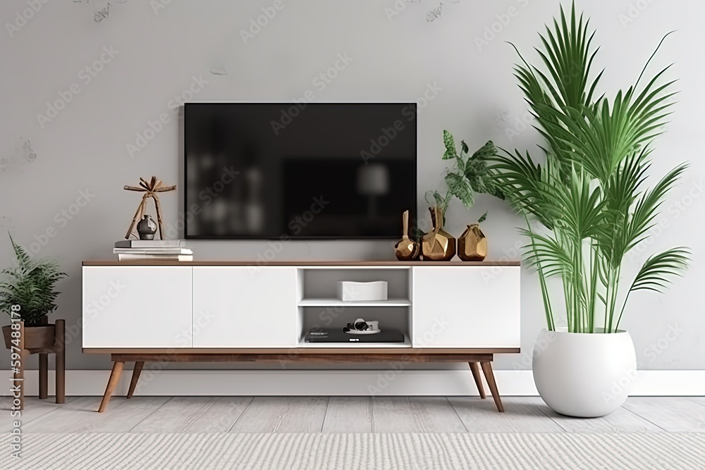 Television put on tv stand wood table, in minimal empty space ...