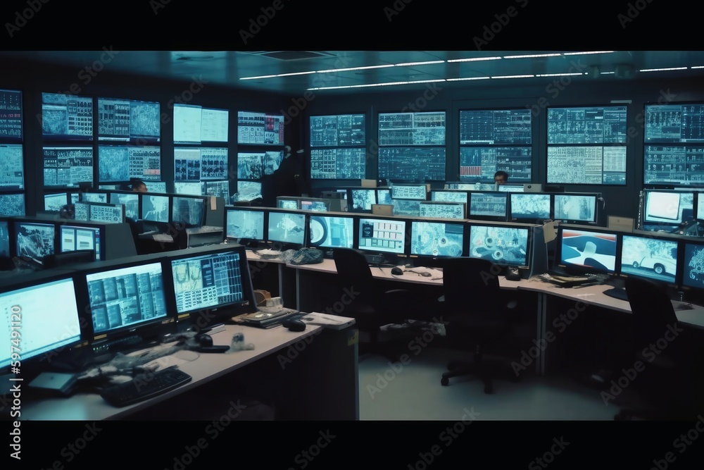 Inside a cctv control room with many monitors showing camera footage ...