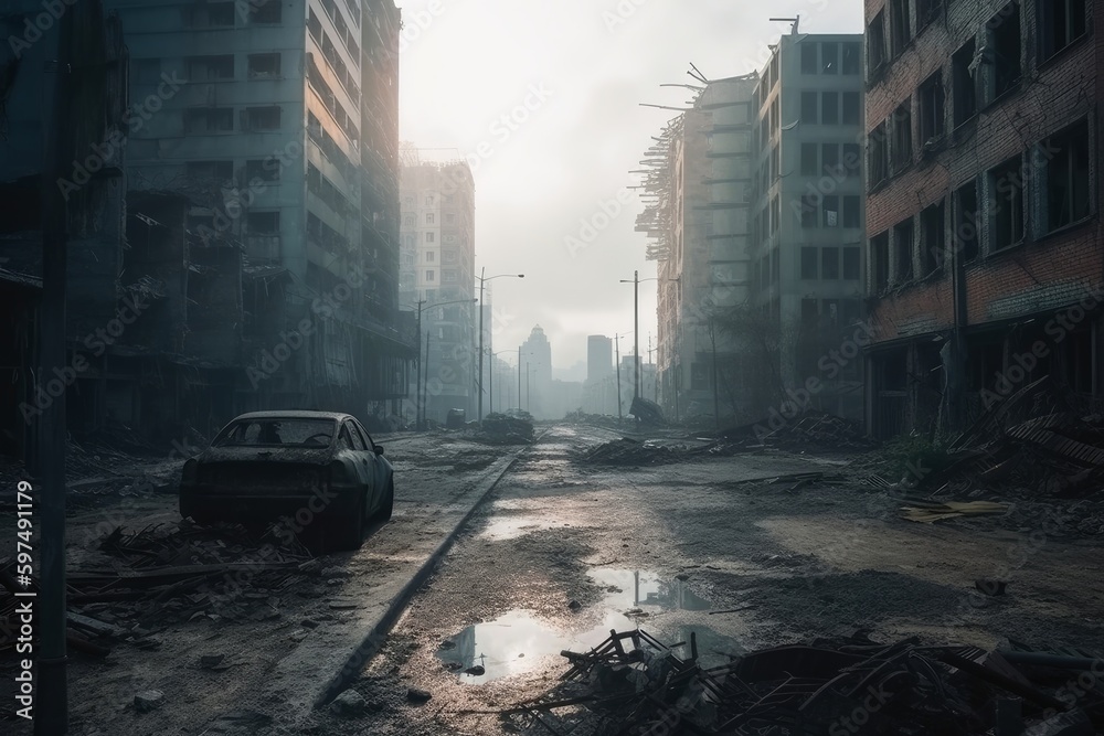 Post apocalyptic and destroyed buildings in a big city created with ...