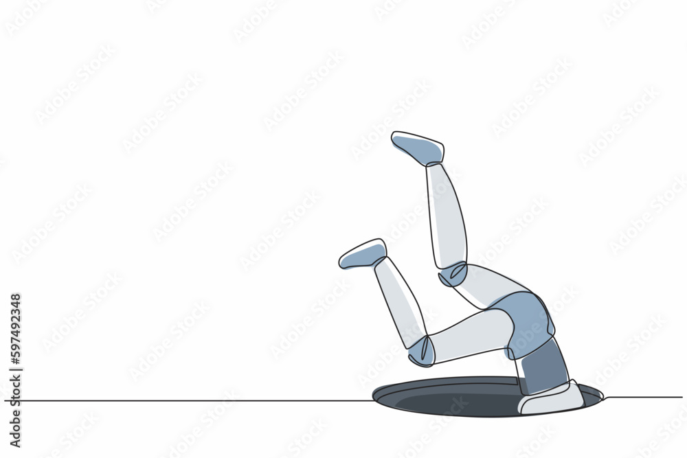 Single one line drawing robot falling into pit hole. Protruding legs ...