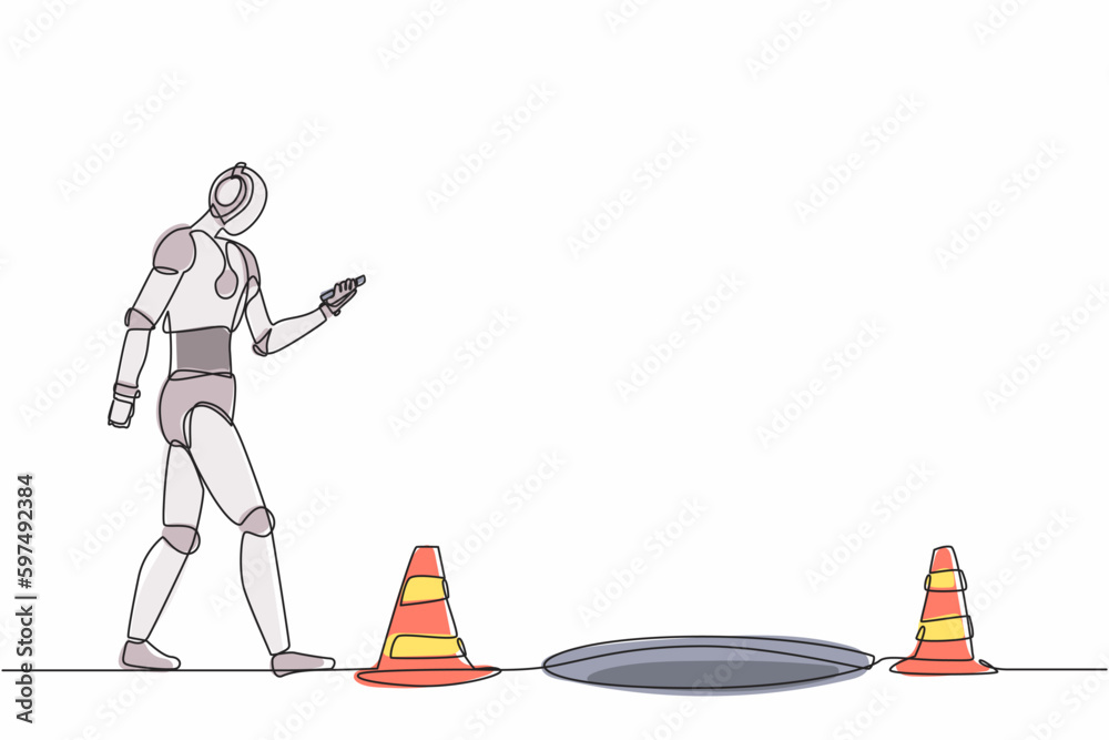 Single continuous line drawing robot walking listening music and seeing ...