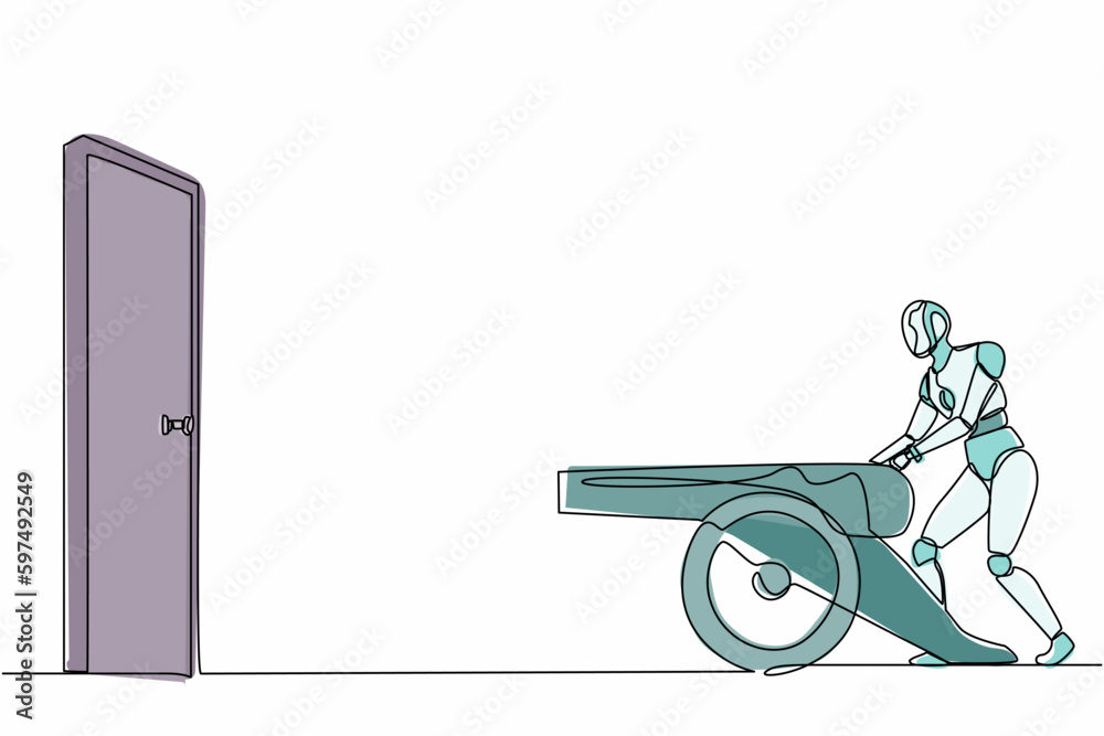 Continuous one line drawing robots ignites cannon in front of door to ...