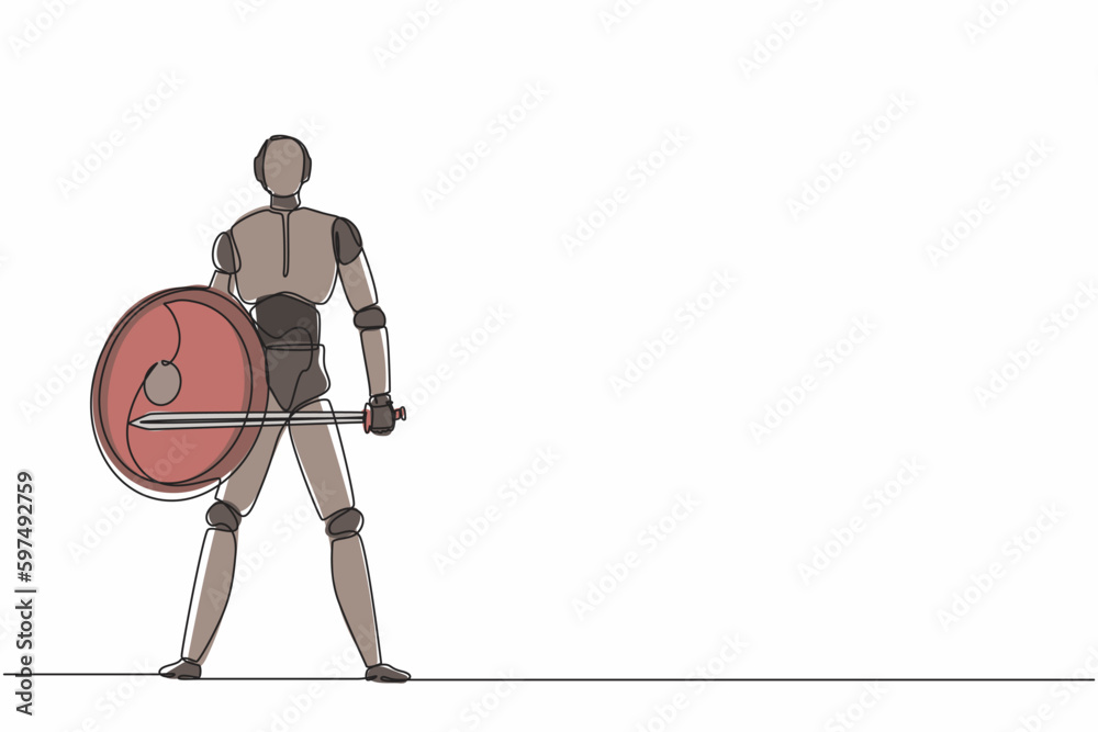 Single one line drawing robot standing holding sword and shield. Future ...
