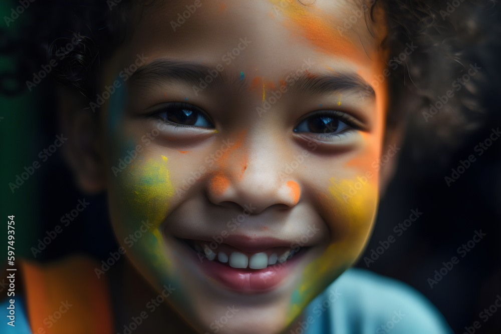 smiling poc girl child with paint on face close up photo, made with ...