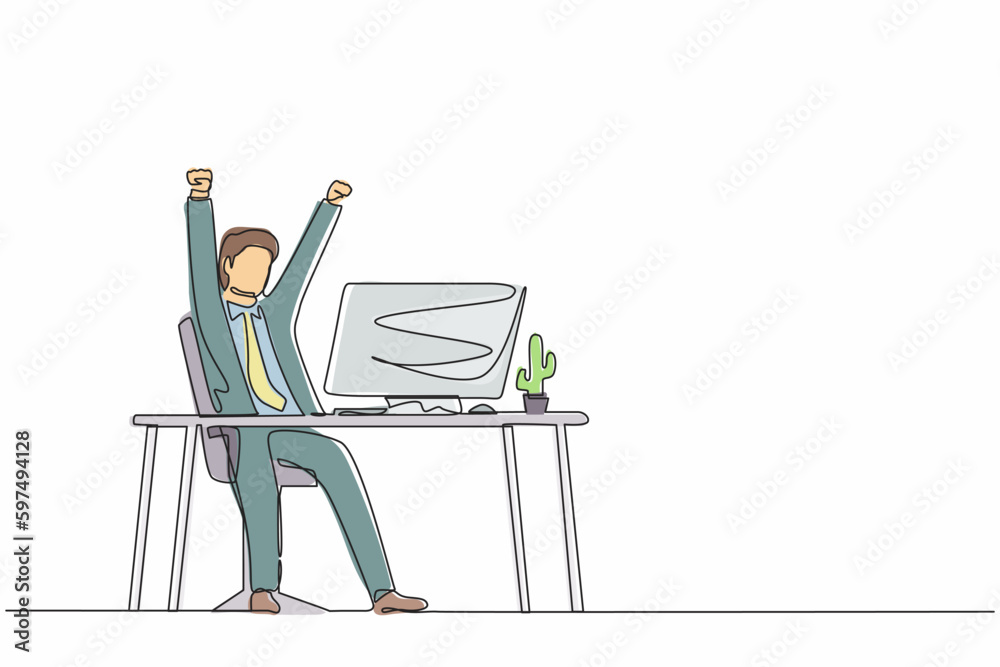 Continuous one line drawing happy businessman sitting with raised hands ...