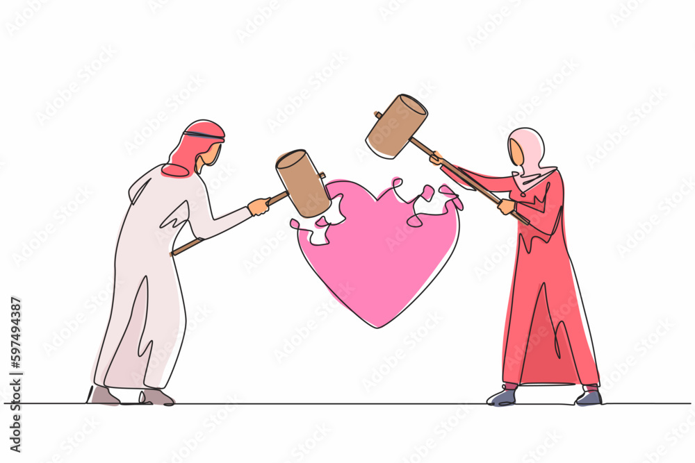 Continuous one line drawing angry Arab couple husband and wife using ...