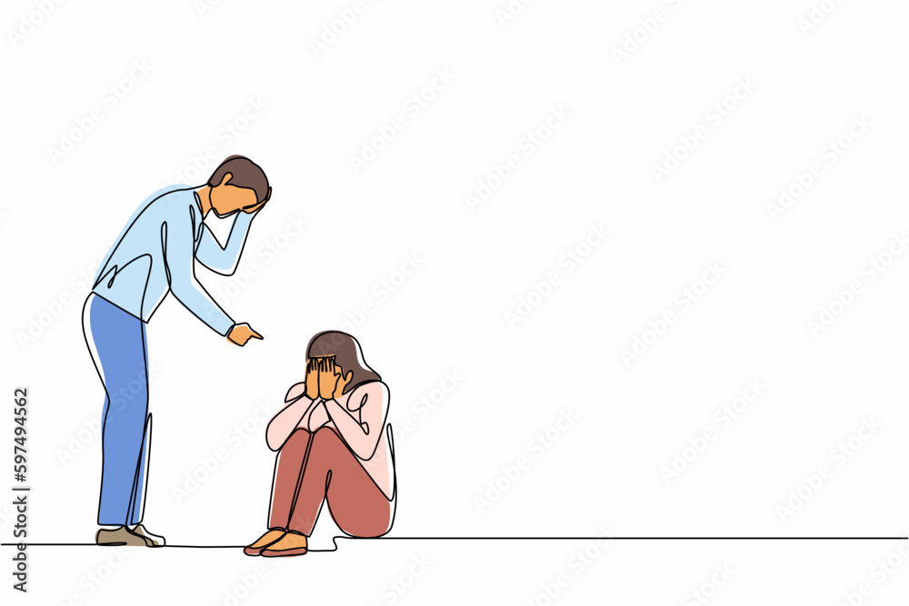 Single continuous line drawing scared female afraid of husband ...