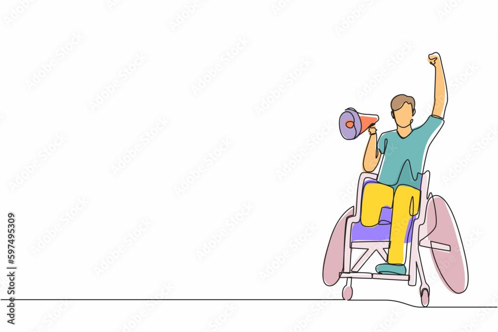 Single one line drawing happy disability young man in wheelchair ...
