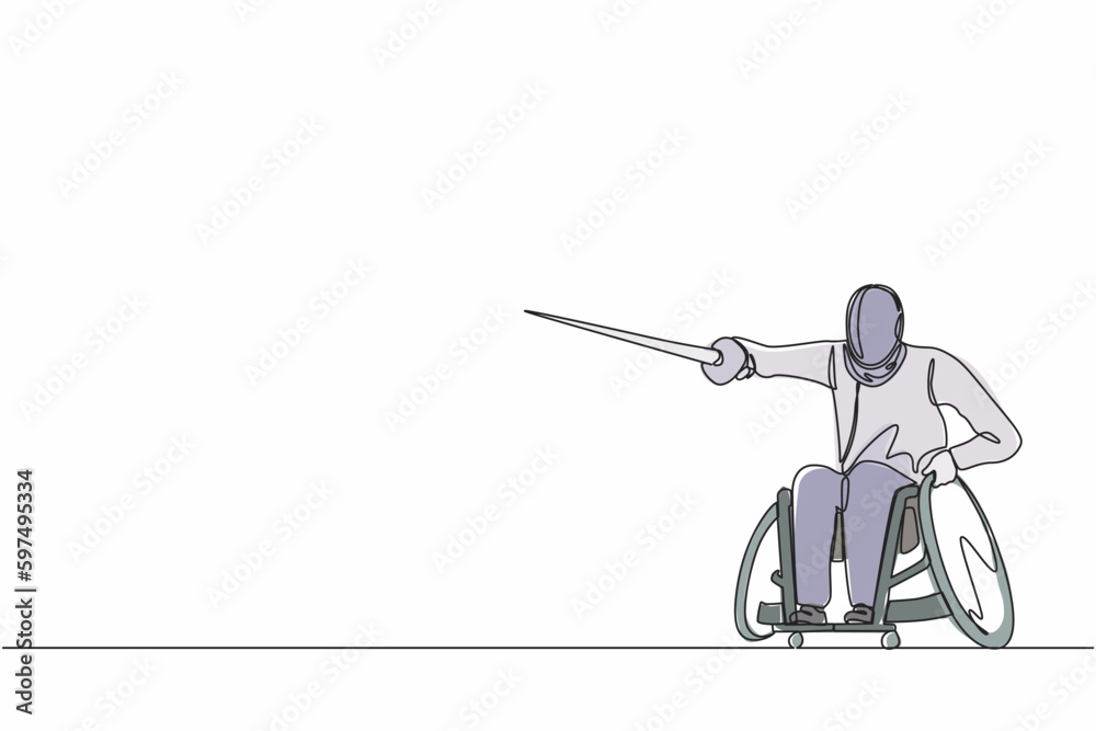 Vetor de Single continuous line drawing disabled fencing young man in a ...