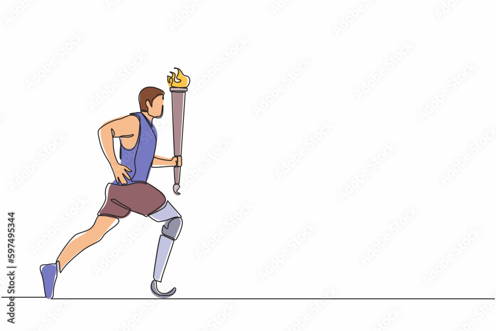Continuous one line drawing disabled young athlete with prosthetic leg ...