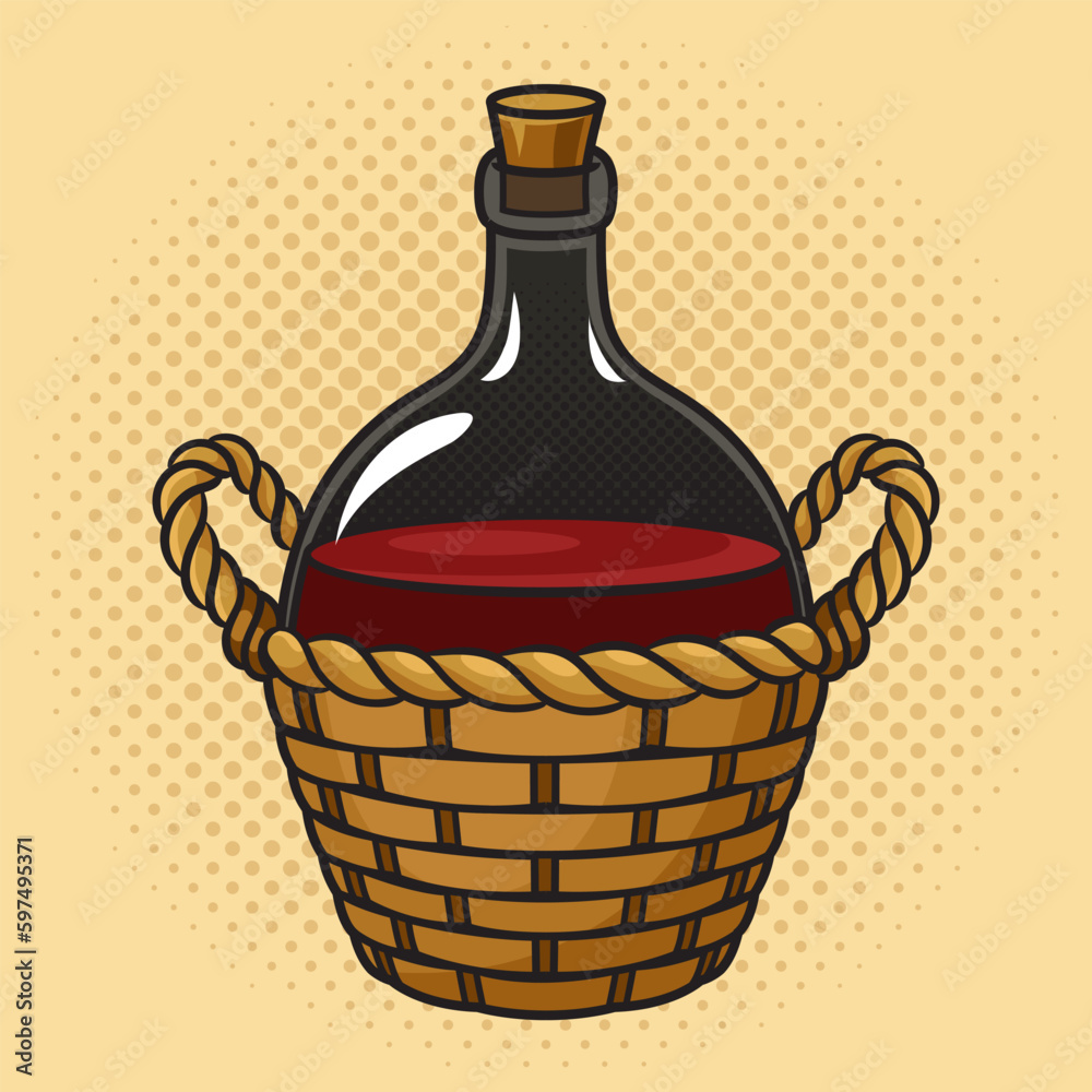 Wine bottle carboy with basket and handle weaving pinup pop art retro ...