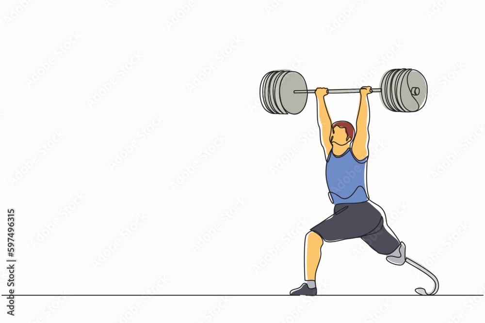 Continuous one line drawing disability male powerlifter lifting barbell ...