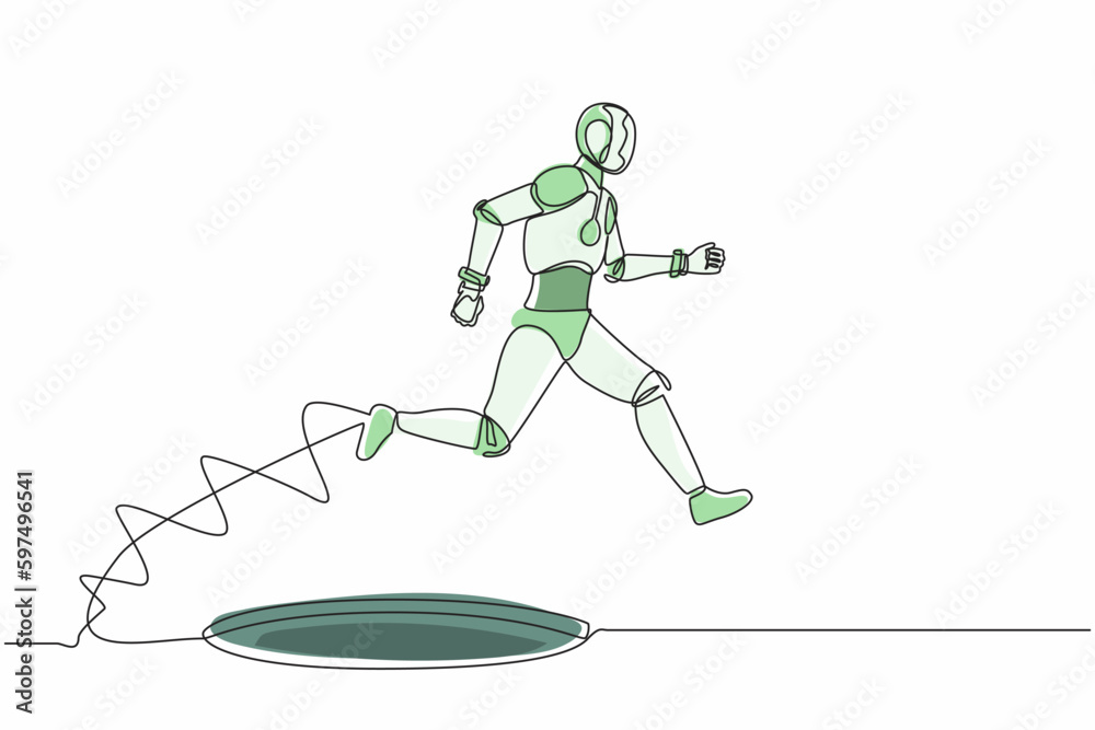 Continuous one line drawing robot jumping through the hole, metaphor to ...