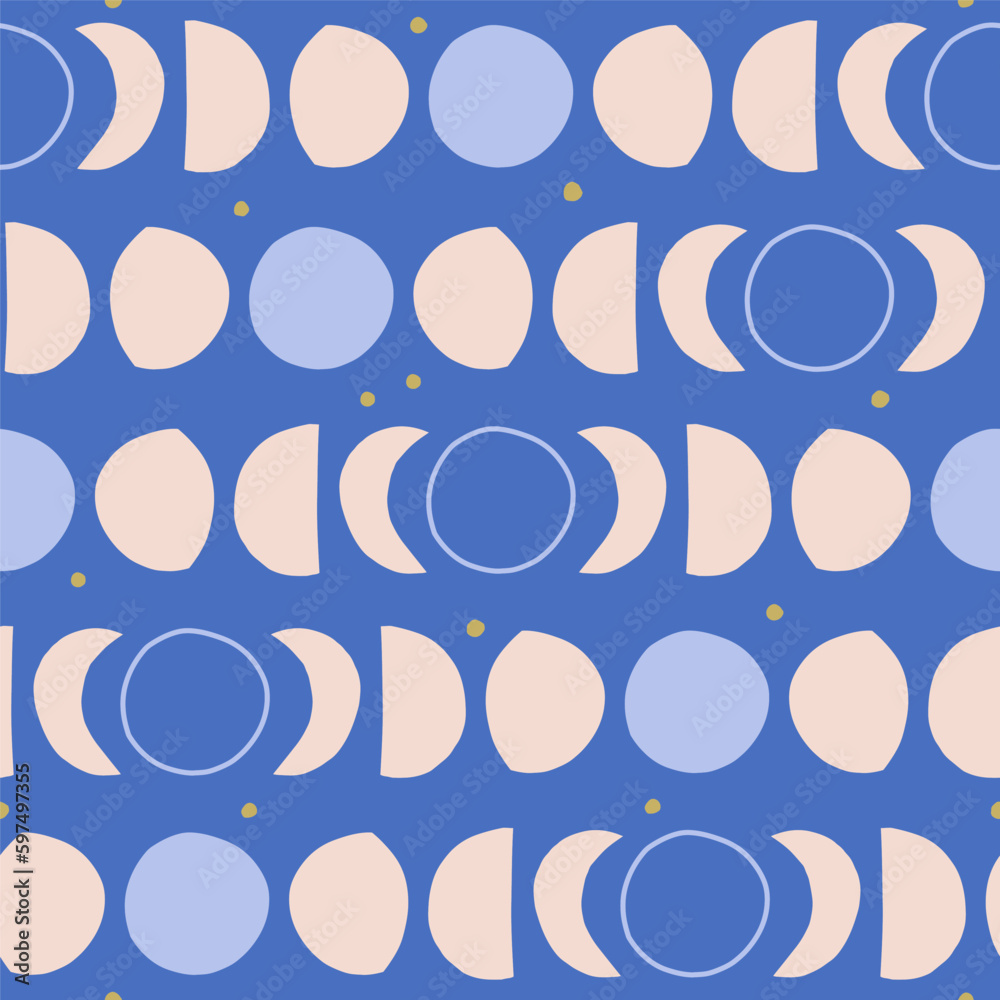 Abstract hand drawn Moon Cycle pattern. Full moon, Crescent and Stars ...