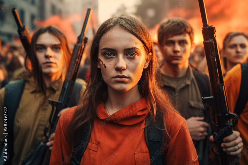 armed demonstrating protesting youths teenagers girls and boys on the ...