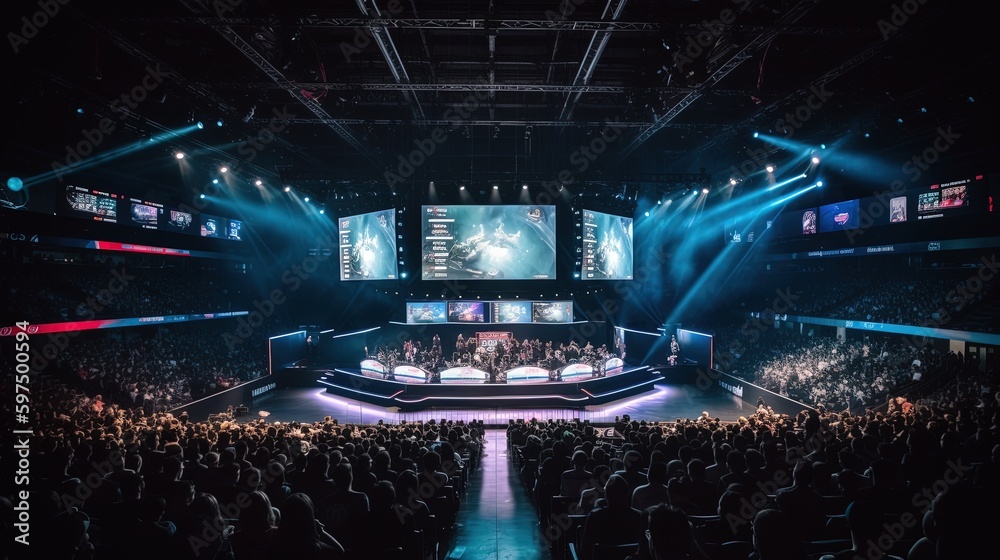 E-sports arena, esports tournament. Big illuminated main stage of a ...