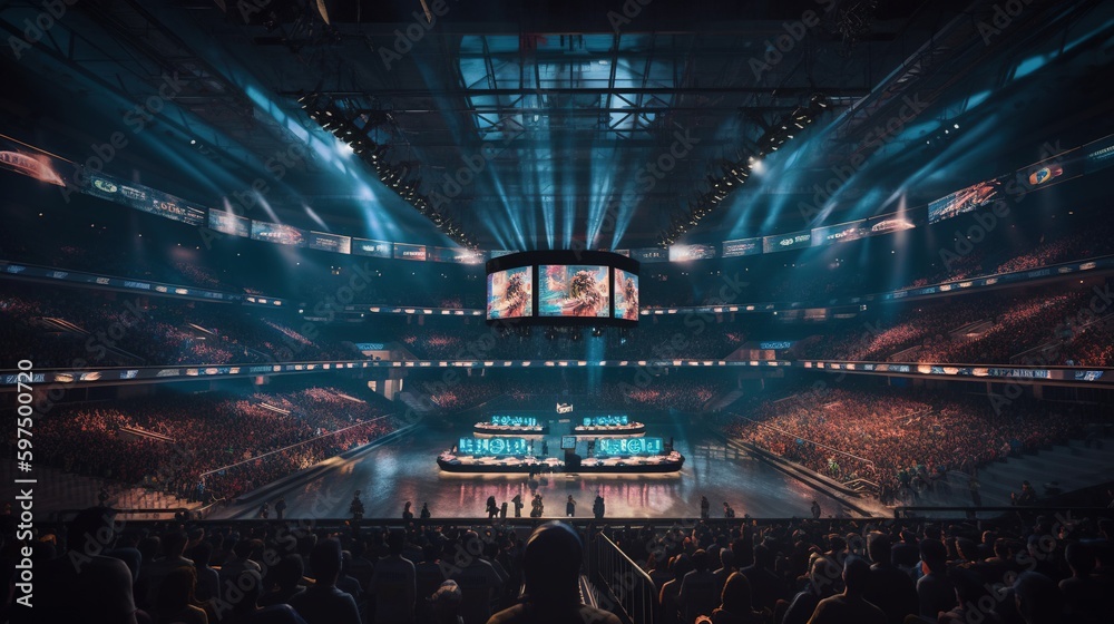 E-sports arena, filled with cheering fans and colorful LED lights ...