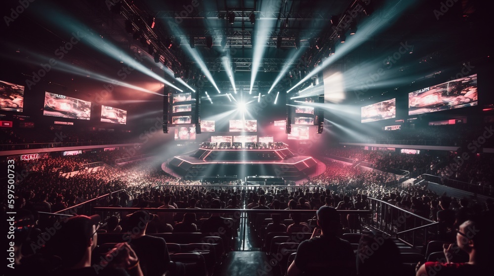E-sports arena, esports tournament. Big illuminated main stage of a ...