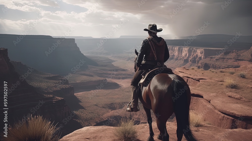 Cowboy on horseback, landscape with canyons, wild west concept ...