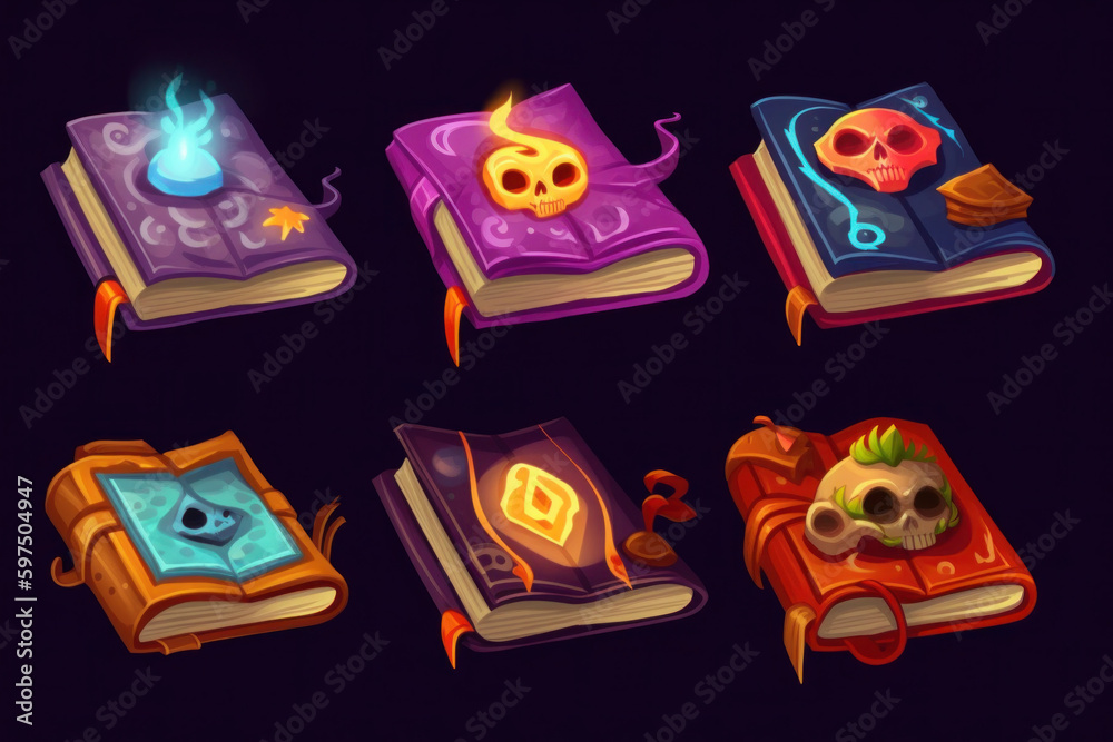 gic books set isolated on background. Fantasy volumes with blue, green ...