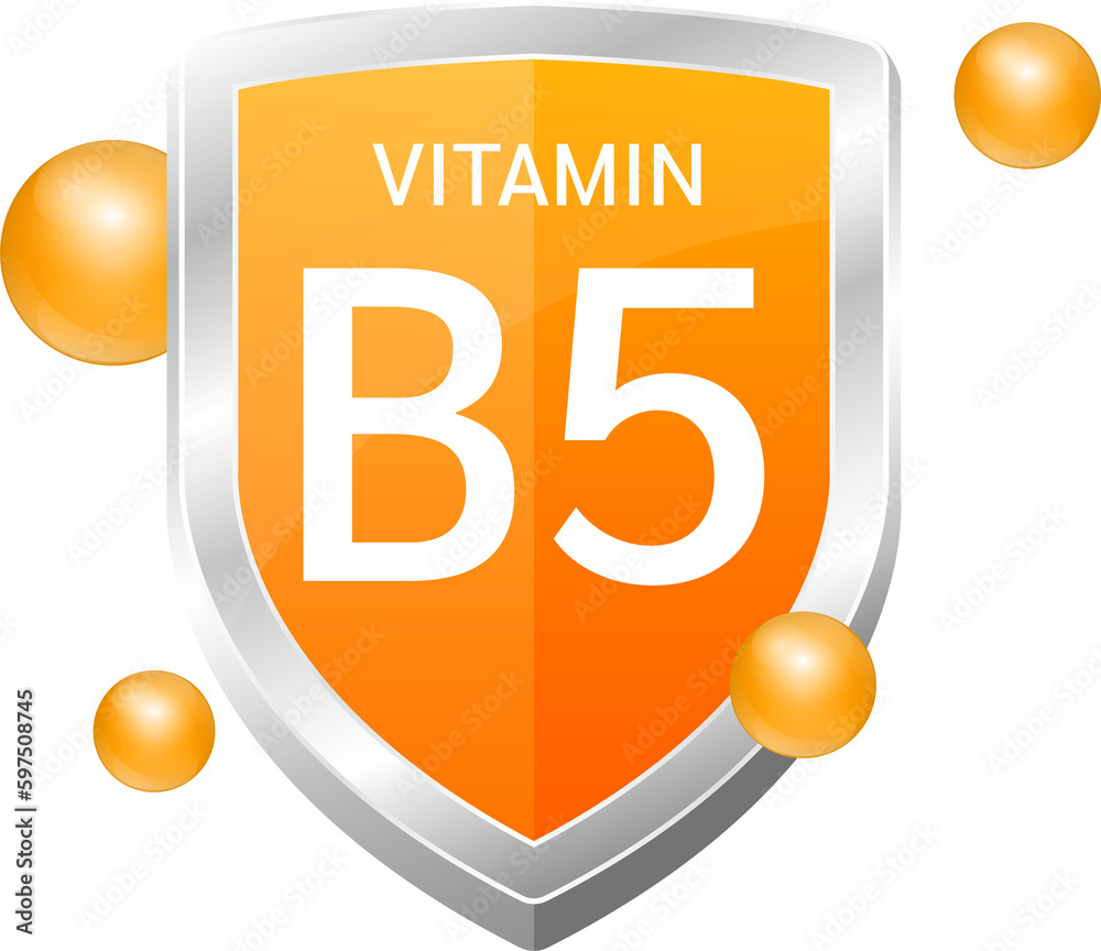 Vitamin B5 shield with orange atom circle bubbles surround isolated on ...