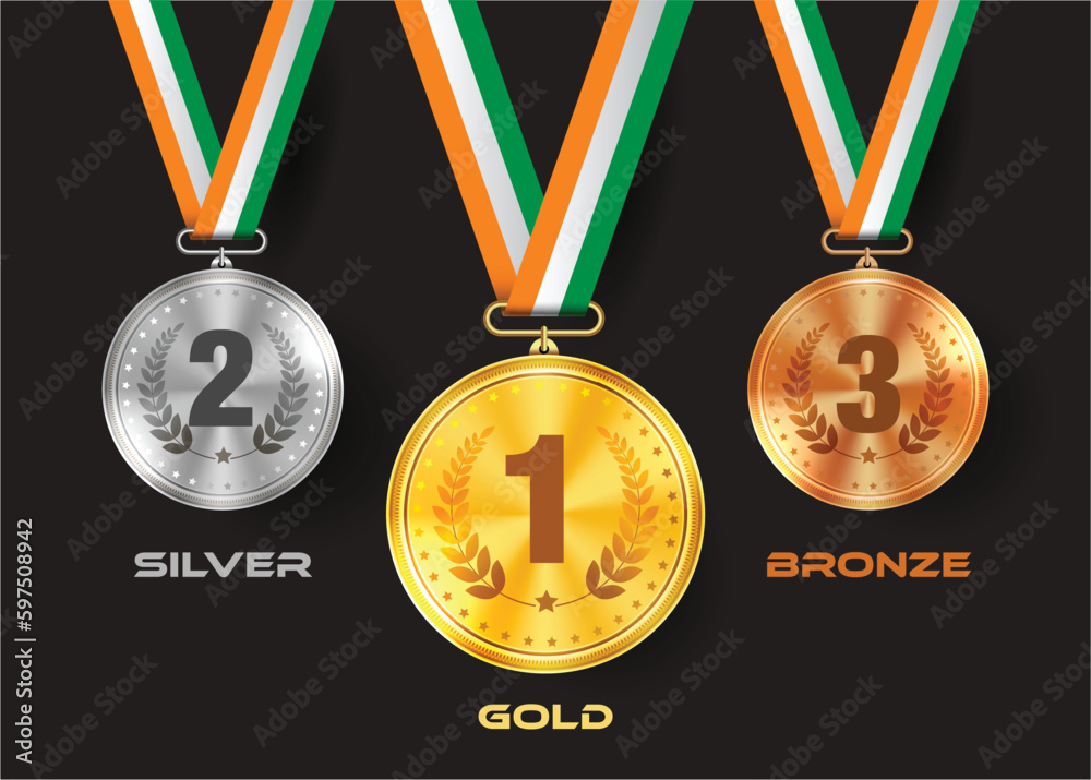 Sports medals. Golden silver bronze medal with indian colors. Champion ...