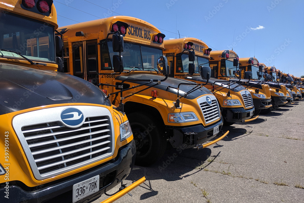 Row of yellow school buses parked at a large parking lot. School and ...