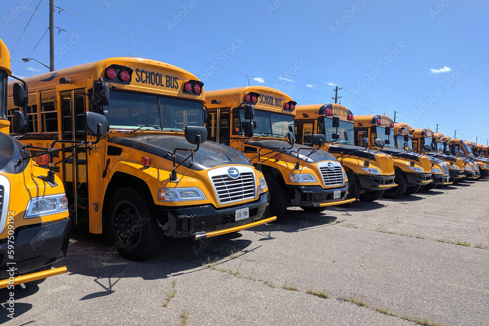 Row of yellow school buses parked at a large parking lot. School and ...