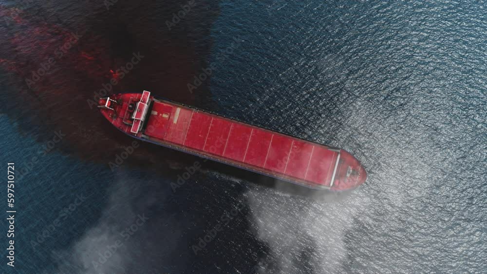 Oil Spills out from Tanker ship in the ocean Aerial view Drone view ...