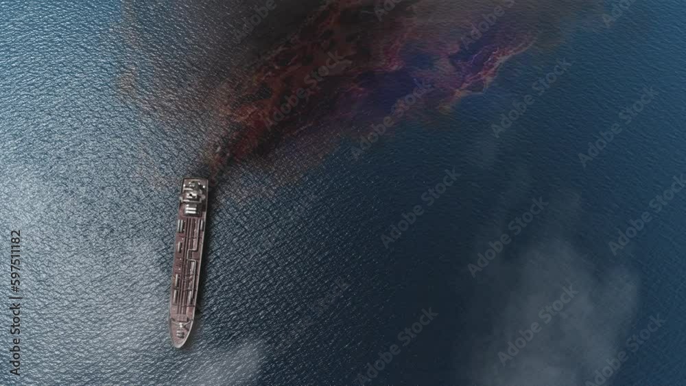 Oil Spills out from Tanker gas ship in the ocean Aerial top down Drone ...