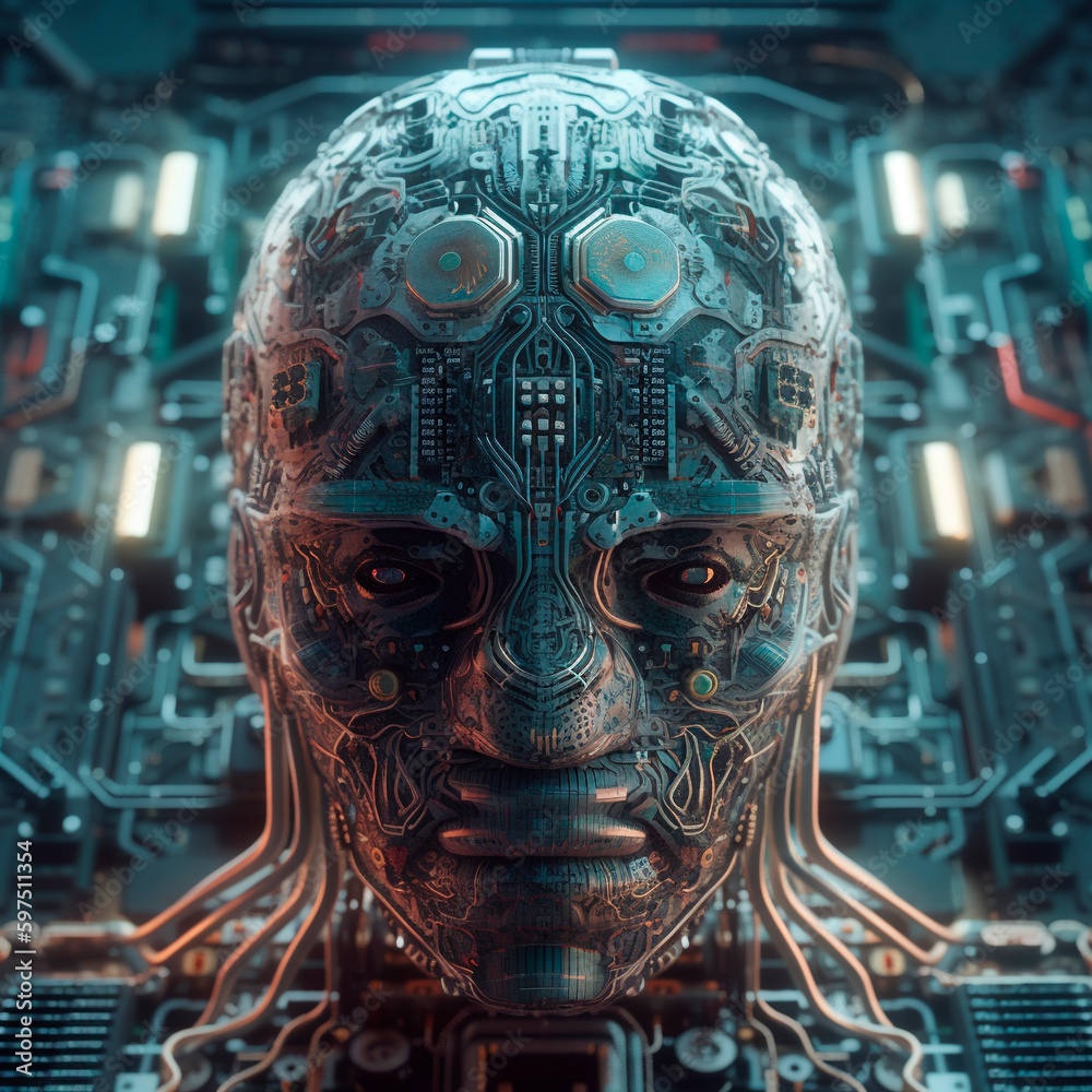 computer chip digital avatar head of a human brain, in the style of ...