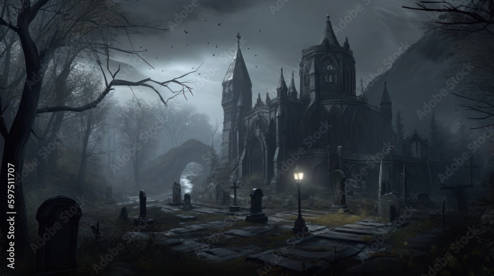 Gothic horror world with dark castle, crypts, and haunted forests Stock ...