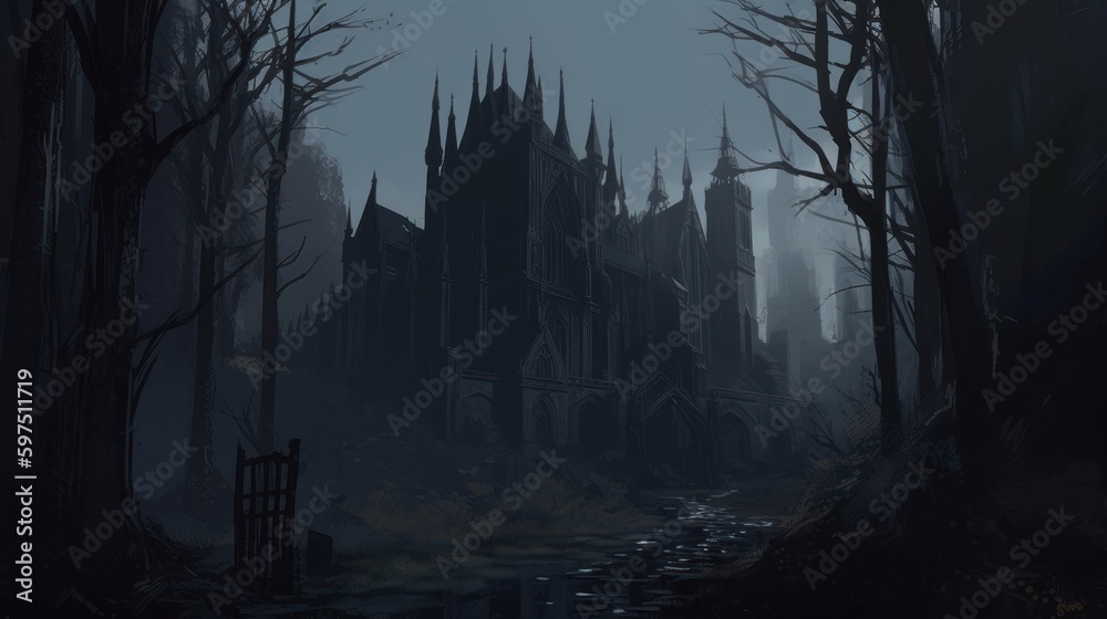 Gothic horror world with dark castle, crypts, and haunted forests Stock ...