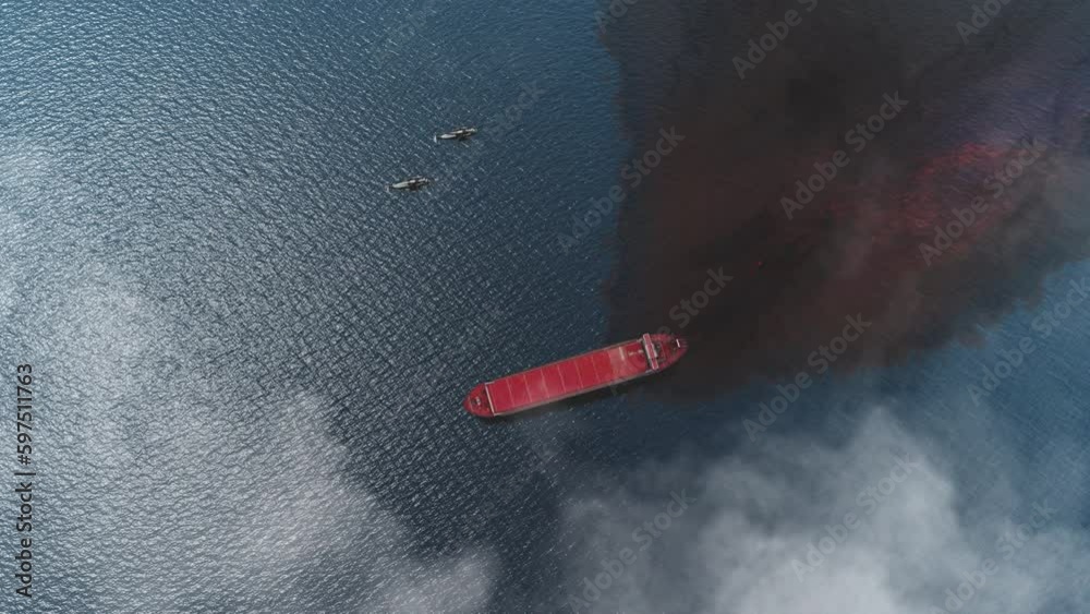 Oil Spills out from Tanker ship in the ocean with Helicopters Aerial ...
