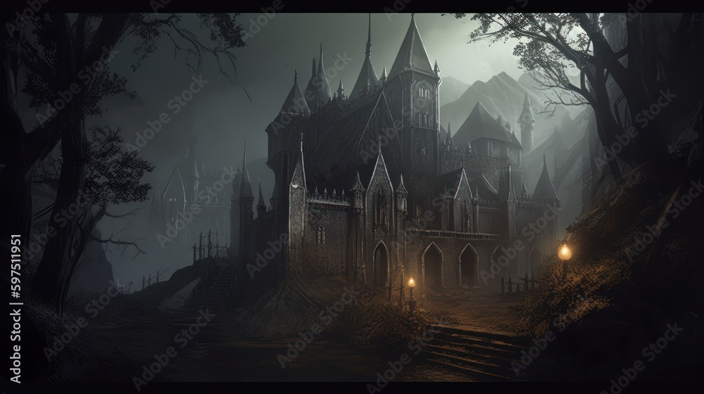 Gothic horror world with dark castle, crypts, and haunted forests Stock ...
