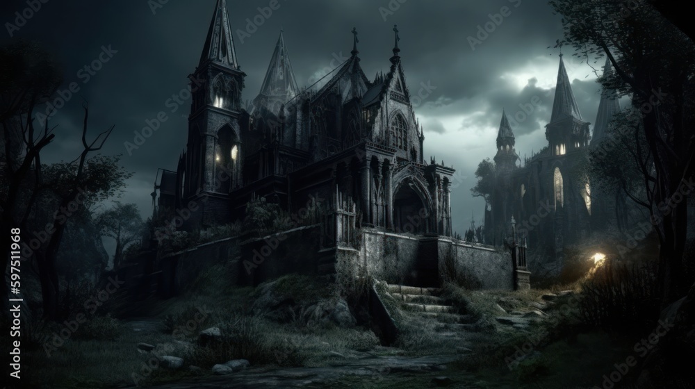 Gothic horror world with dark castle, crypts, and haunted forests Stock ...