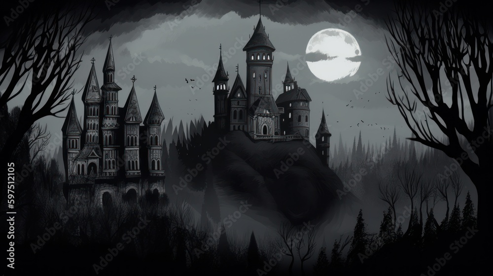 Gothic horror world with dark castle, crypts, and haunted forests Stock ...