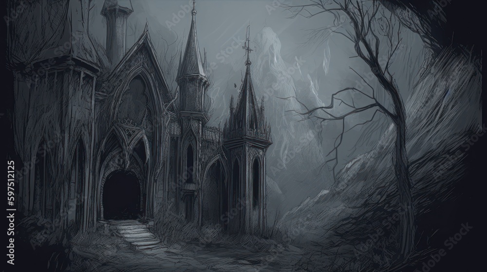 Gothic horror world with dark castle, crypts, and haunted forests Stock ...