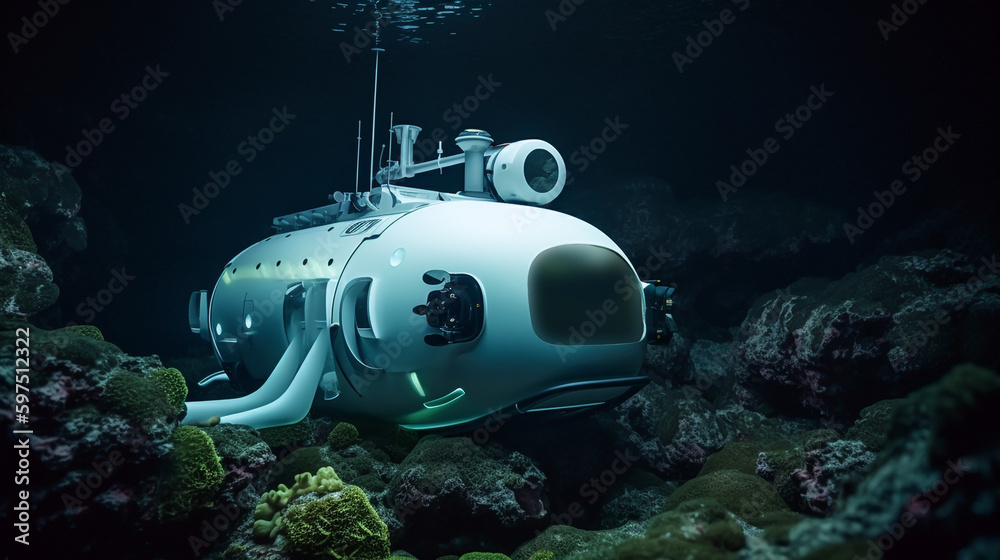 Deep ocean submarine researching sea. Diving to discovery, exploring ...