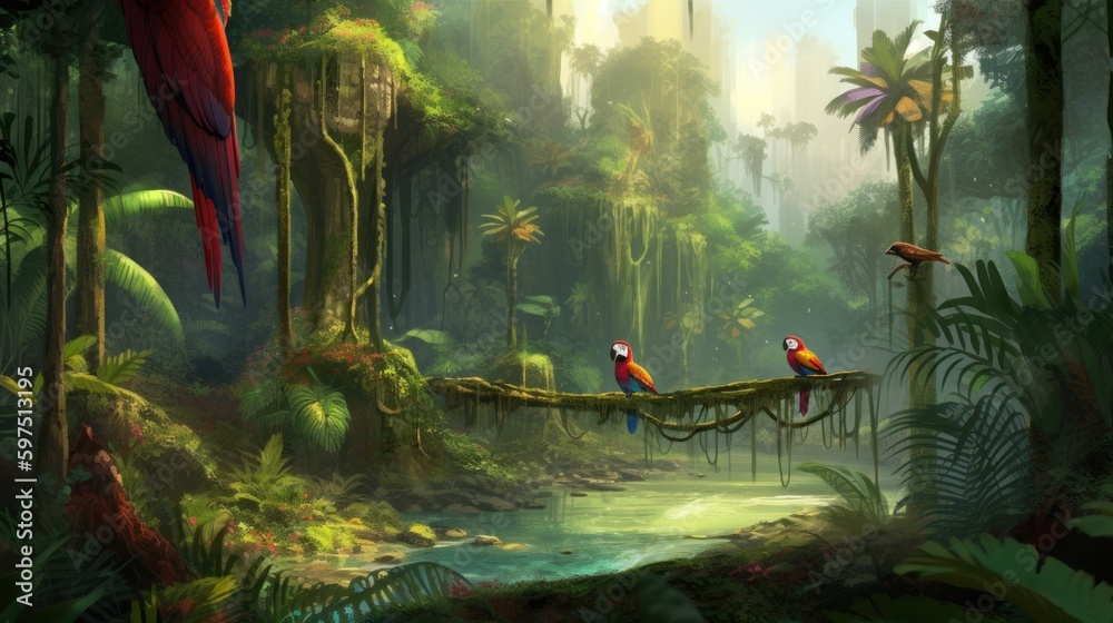 World inspired by the Amazon rainforest, with lush greenery, exotic ...