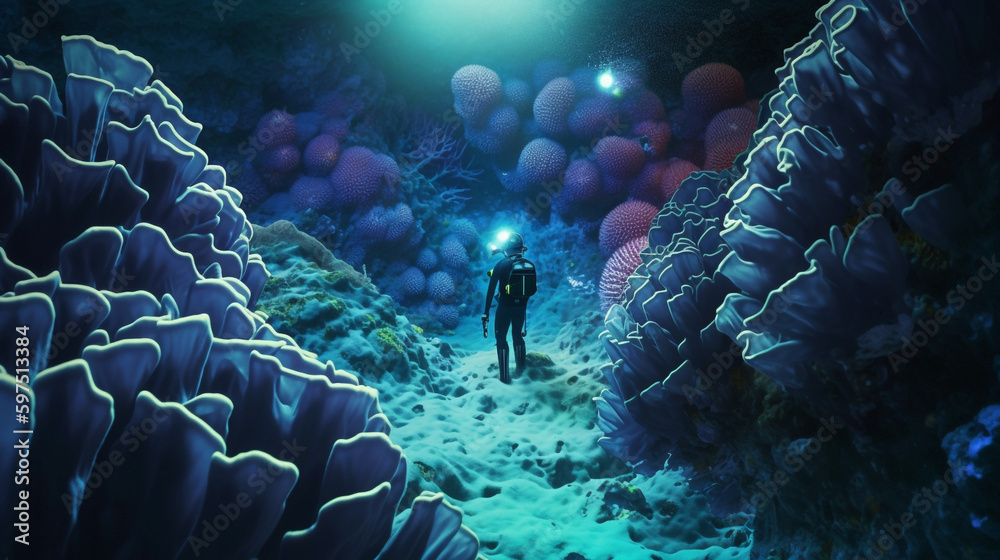 Underwater scuba diving in deep cold ocean sea rocks and beautiful ...