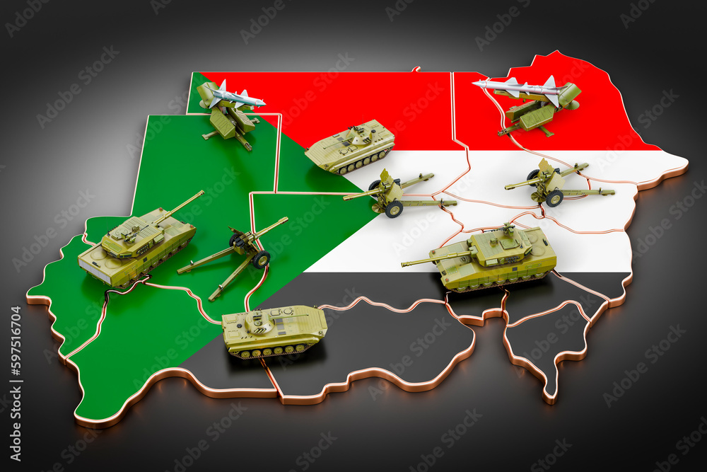 Combat vehicles on Sudanese map. Military defense of Sudan concept, 3D ...