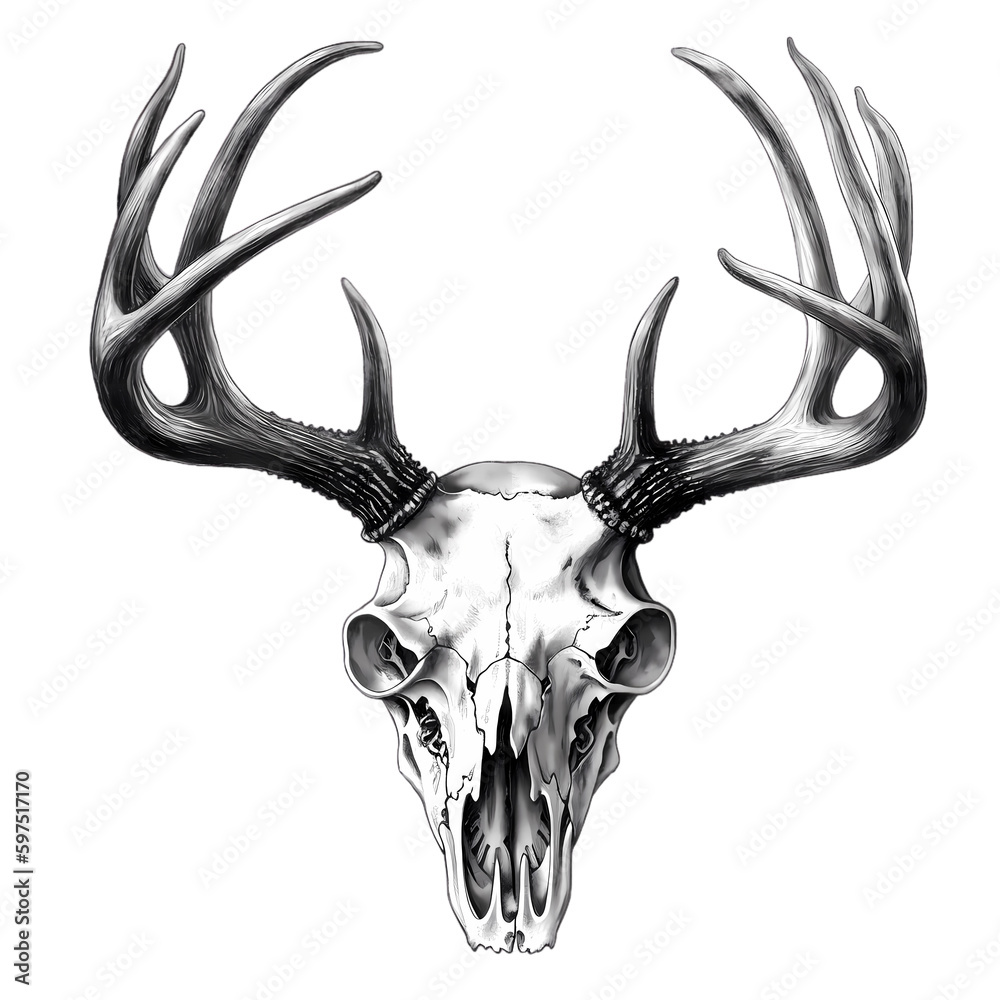 Antlers with Skull, Black and White Clip Art, Image Isolated on Transparent Background ...