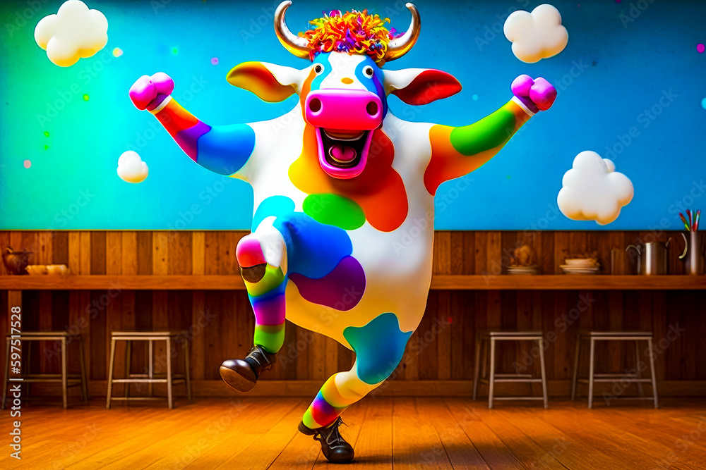 Colorful cow dancing on wooden floor in front of blue wall. Generative ...