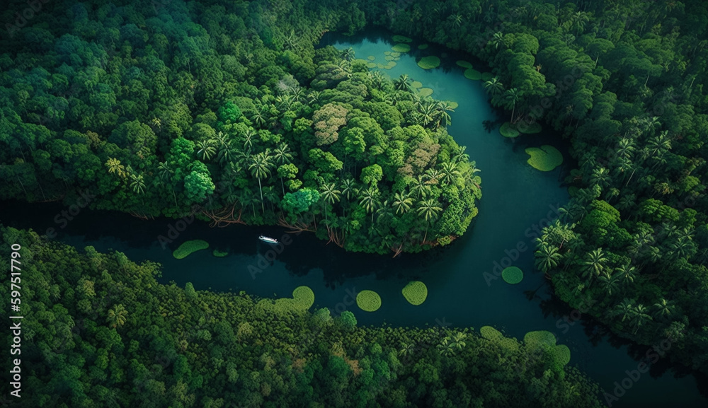 A river in the jungle with a boat in the middle. Generative Ai Stock ...