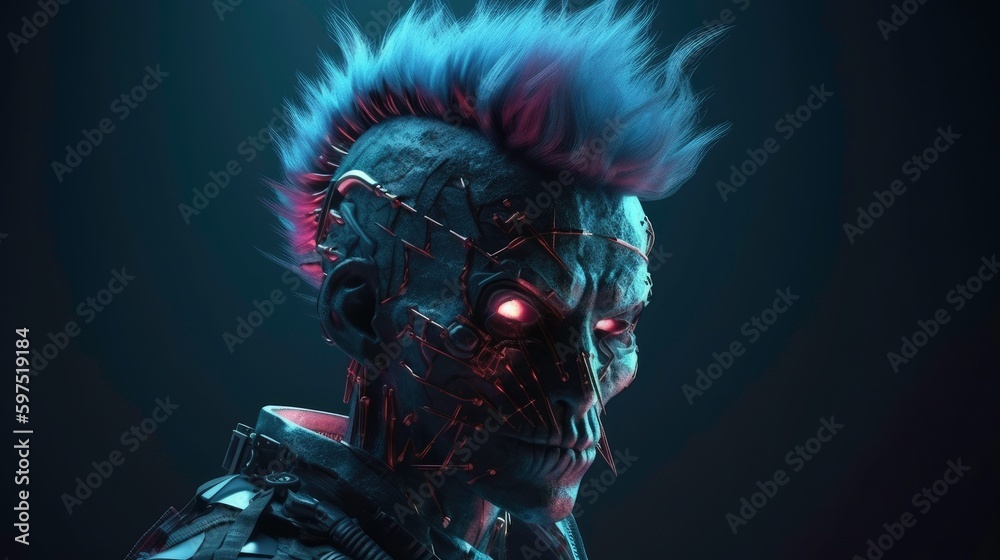 Cyberpunk humanoid with a neon mohawk (AI generated image) Stock ...