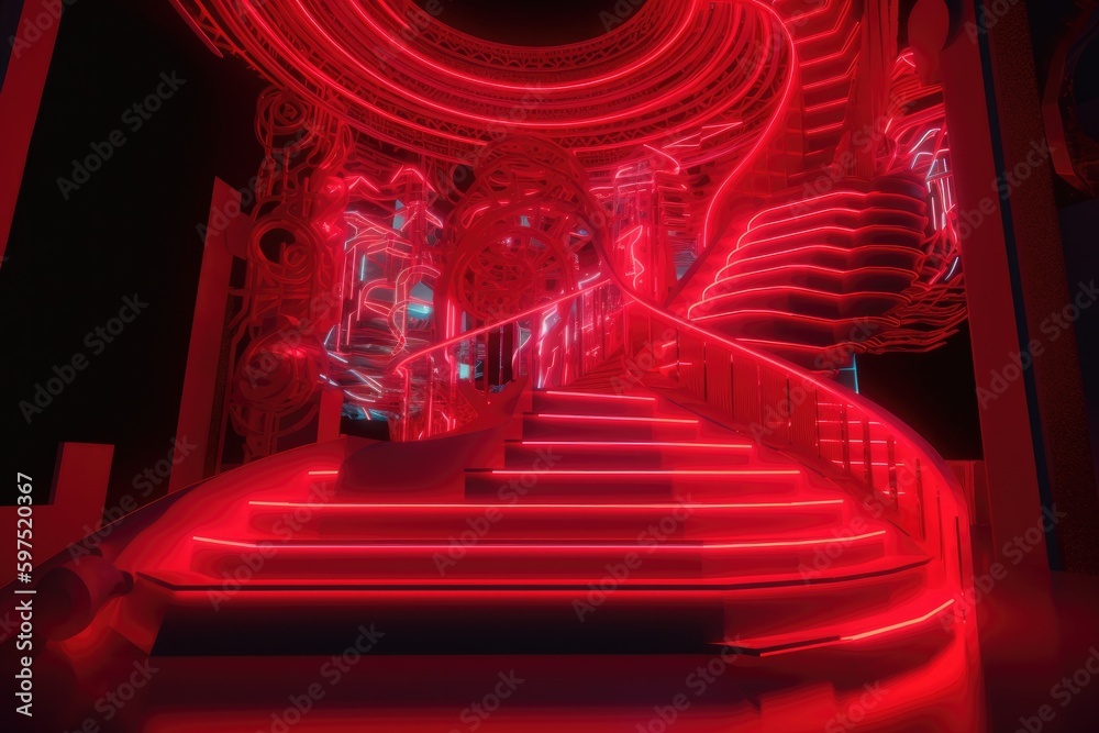 3d red neon spiral staircase leading up into a shimmering tunnel, with ...